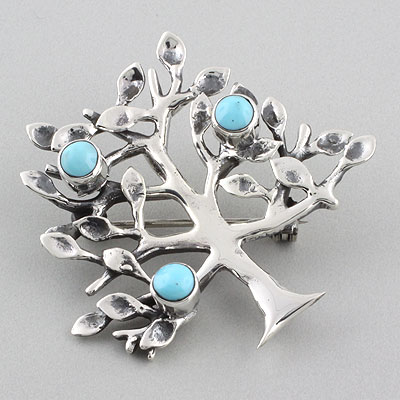 Turquoise Gemstone Silver Tree Pendant and Pin