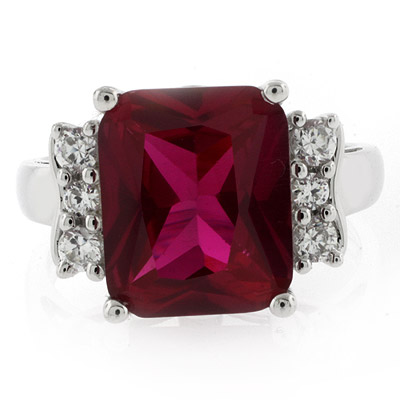Sterling Silver Emerald Cut Big Red Ruby Ring