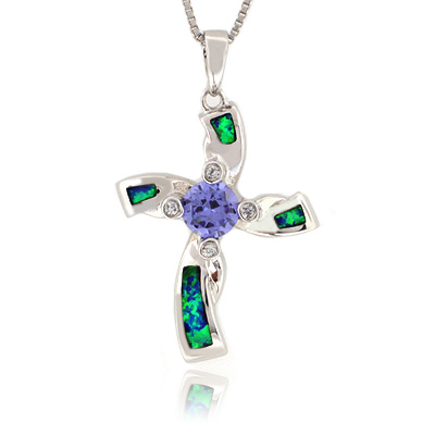 Ultra-blue Australian Opal Cross Pendant with Tanzanite