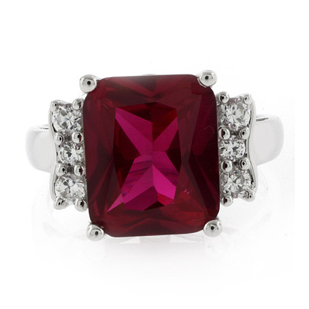 Sterling Silver Emerald Cut Big Red Ruby Ring
